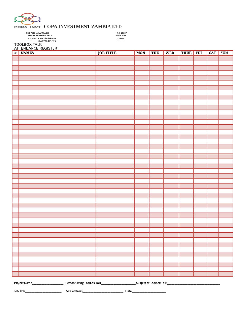 Toolbox Talk Attendance Register Template | PDF