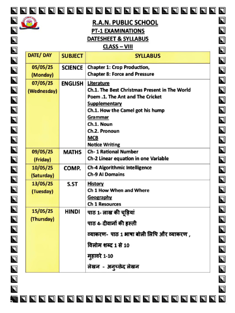 Class - 8 (PT - 1 Datesheet and Syllabus) | PDF