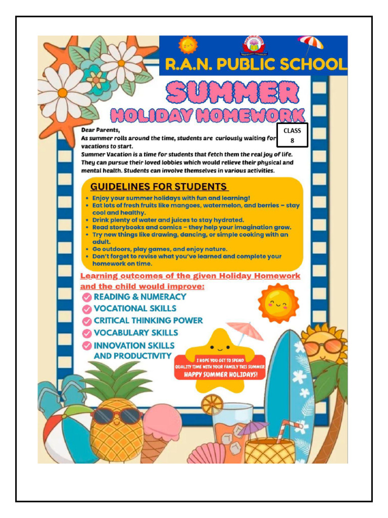 Holiday Homework for Class 8: English & Maths | PDF | Area | Mathematics