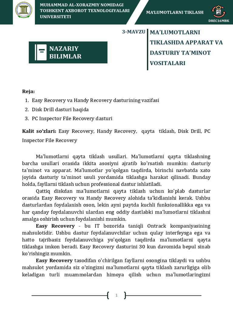 3-Mavzu Nazariy Ma'Lumotlarni Tiklash | PDF