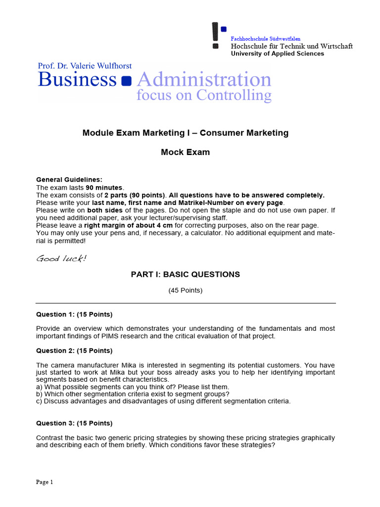 Mock Exam for Marketing I Module | PDF | Marketing | Economies