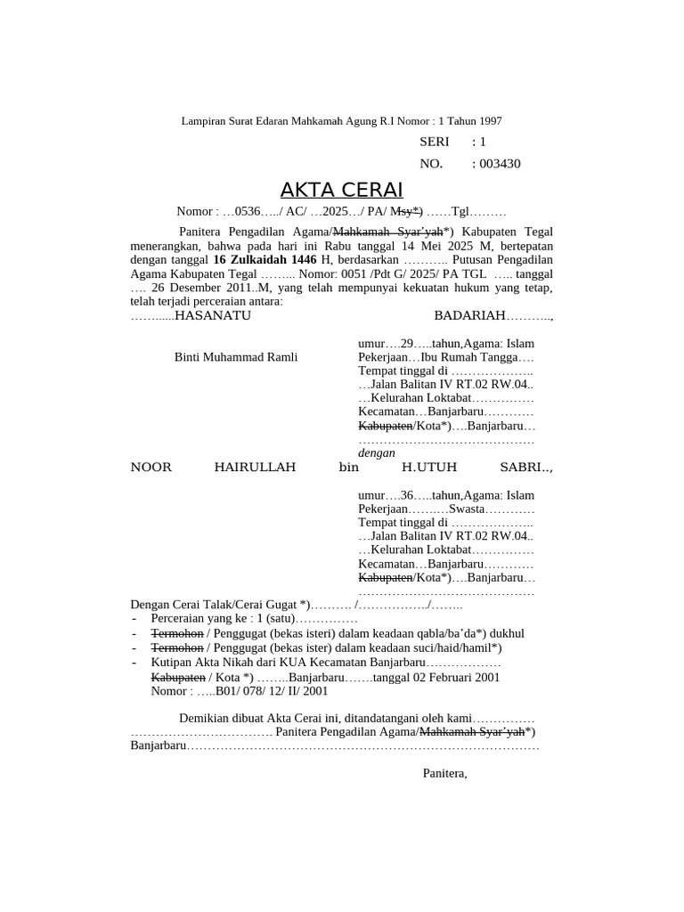 Contoh Akta Cerai Mahkamah Agung | PDF