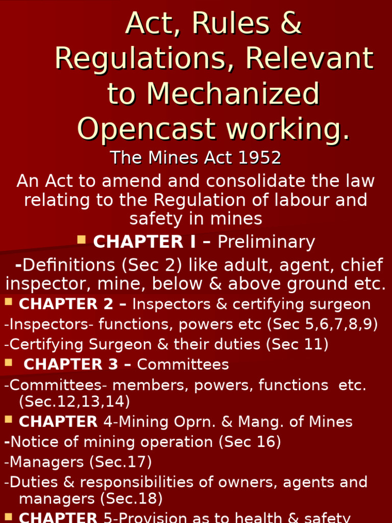 Salient Features of Mines Act, Rules & | PDF | Road | Mining