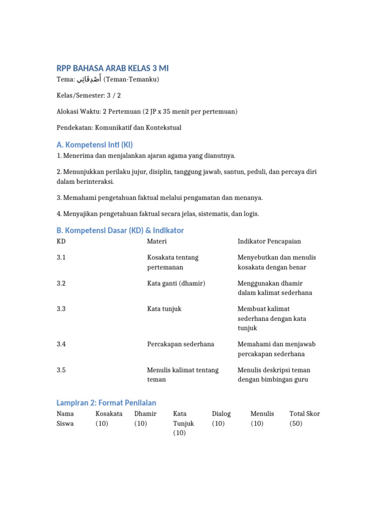 RPP Bahasa Arab Kelas 3 MI Final Revisi | PDF