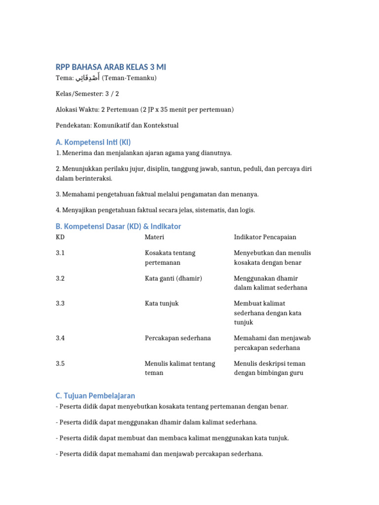 RPP Bahasa Arab Kelas 3 MI Komplit | PDF