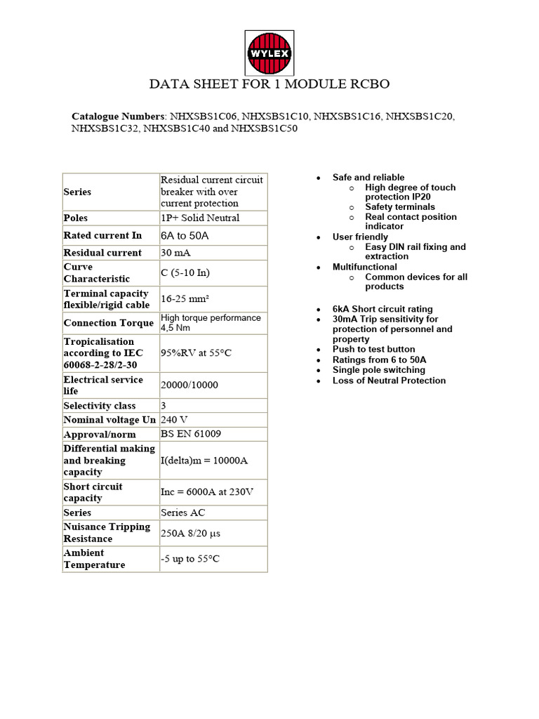 RCBO Data Sheet: 1 Module Specifications | PDF