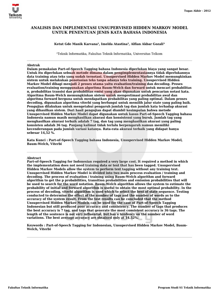 Analisis Dan Implementasi Unsupervised Hidden Markov Model Untuk Penentuan Jenis Kata Bahasa ...