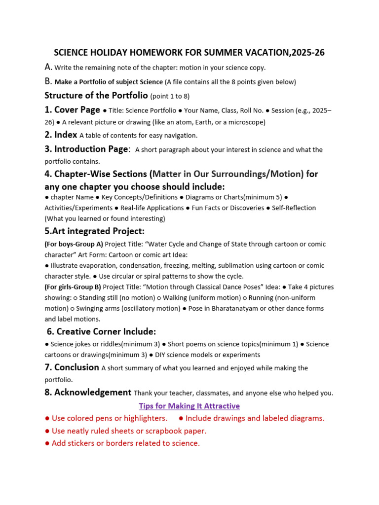 Science Holiday Homework Portfolio Guide | PDF | Matter | Liquids