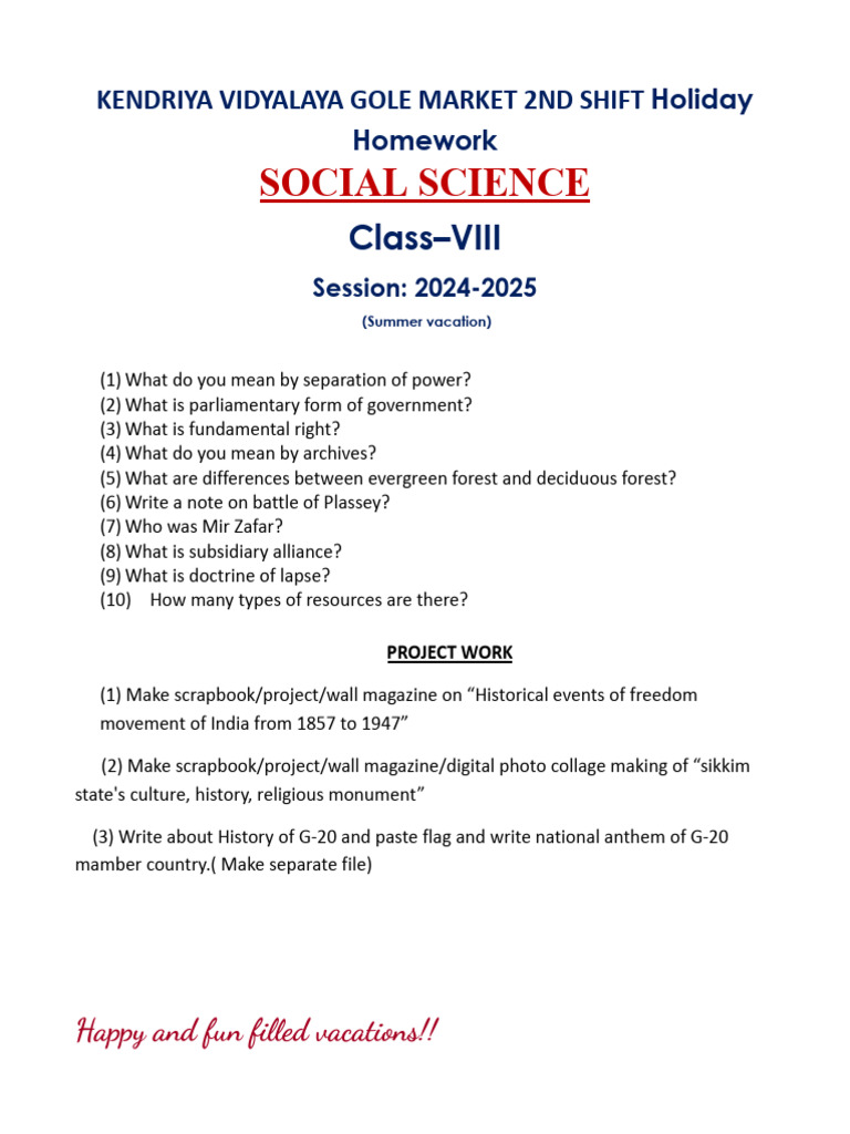 Class VIII Social Science Holiday Homework | PDF