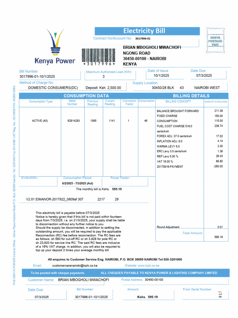 Kenya Electricity Bill Summary | PDF | Cheque | Electricity