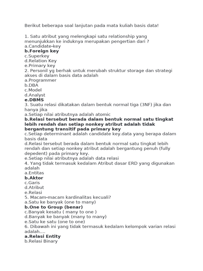 Berikut Beberapa Soal Lanjutan Pada Mata Kuliah Basis Data | PDF