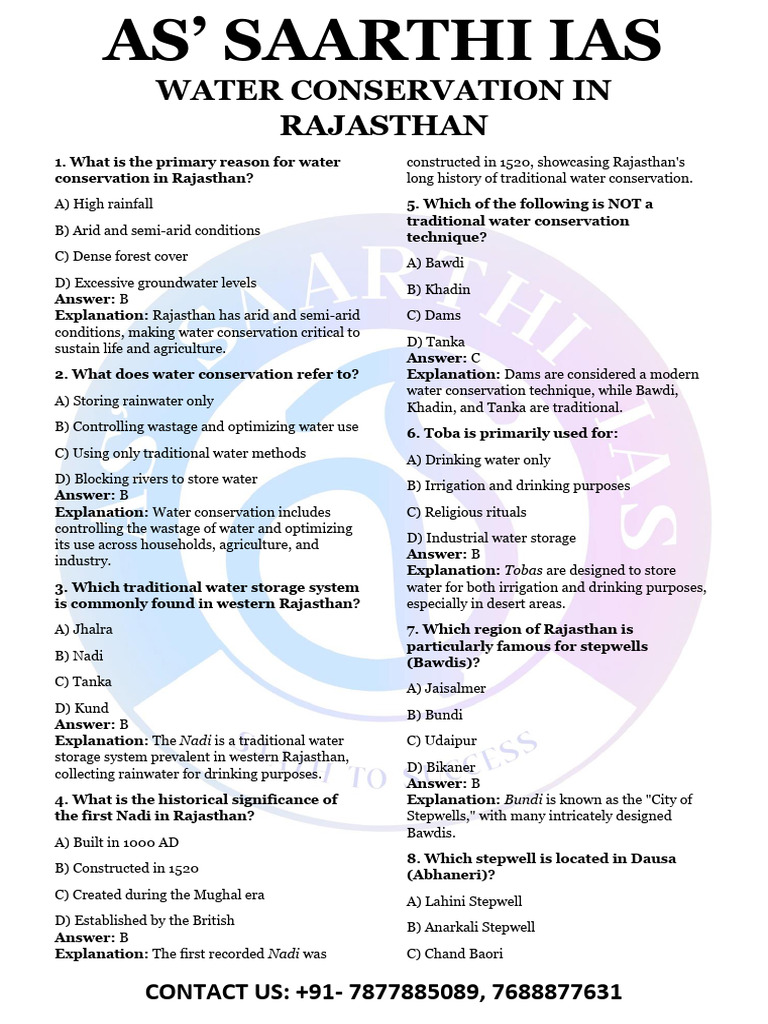 Water Conservation in Rajasthan MCQ | PDF | Water Conservation | Irrigation
