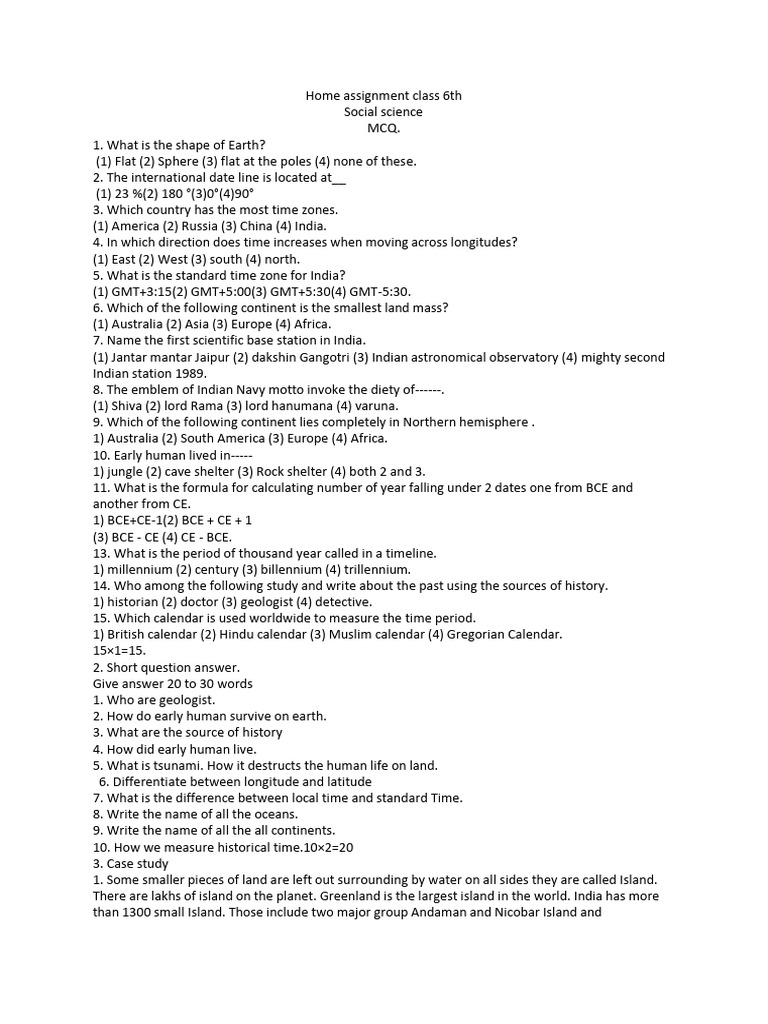 Summer Vacation Assignment 6th Social Science | PDF | Oceans | Ice