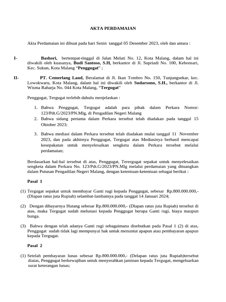 Contoh Akta Perdamaian | PDF