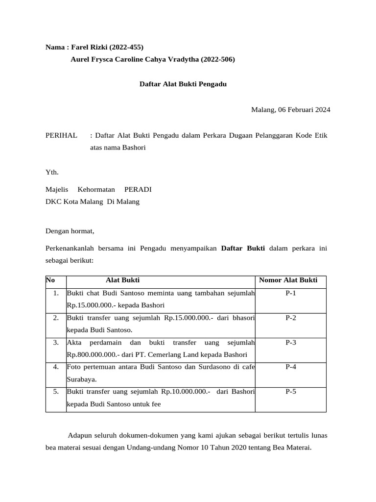 Daftar Alat Bukti Pengadu | PDF