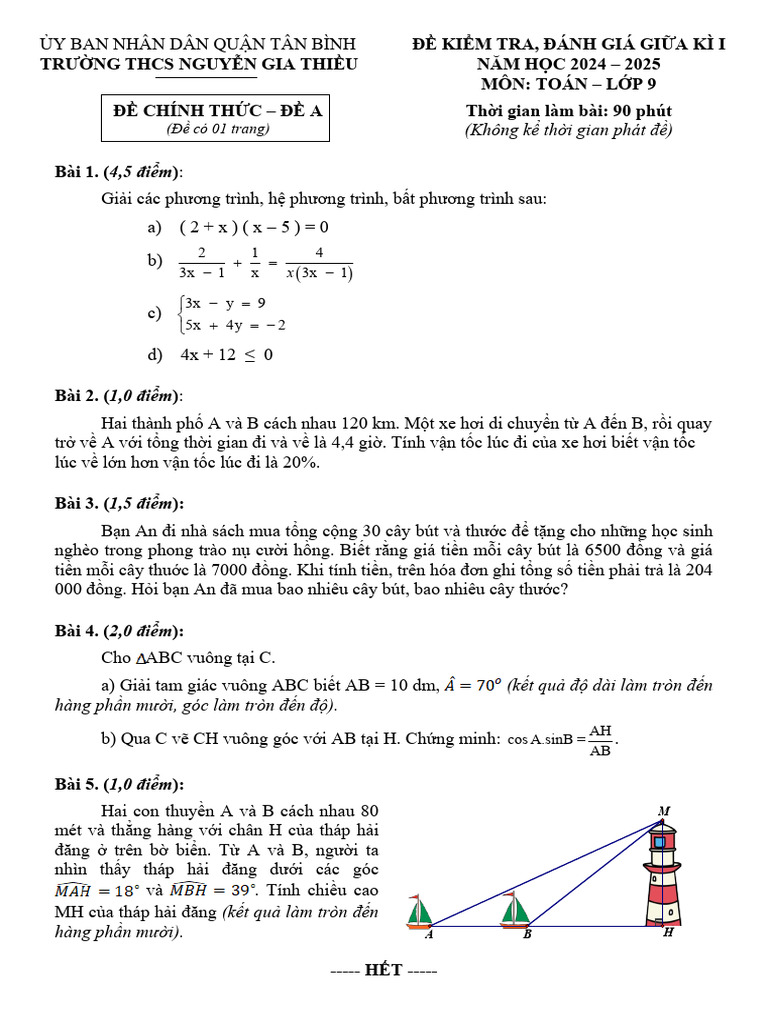 De Giua Ki 1 Toan 9 Nam 2024 2025 Truong Thcs Nguyen Gia Thieu TP HCM | PDF