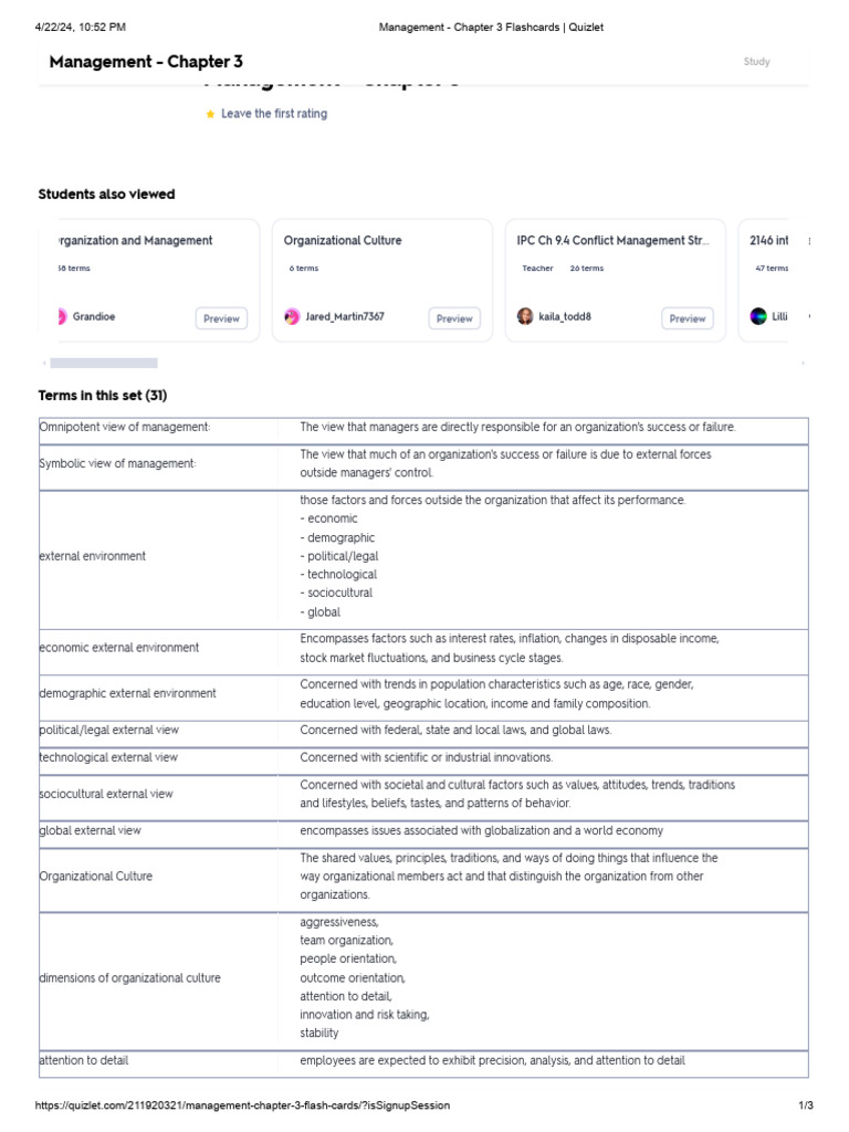 2) Management - Chapter 3 Flashcards - Quizlet | PDF | Risk | Organizational Culture