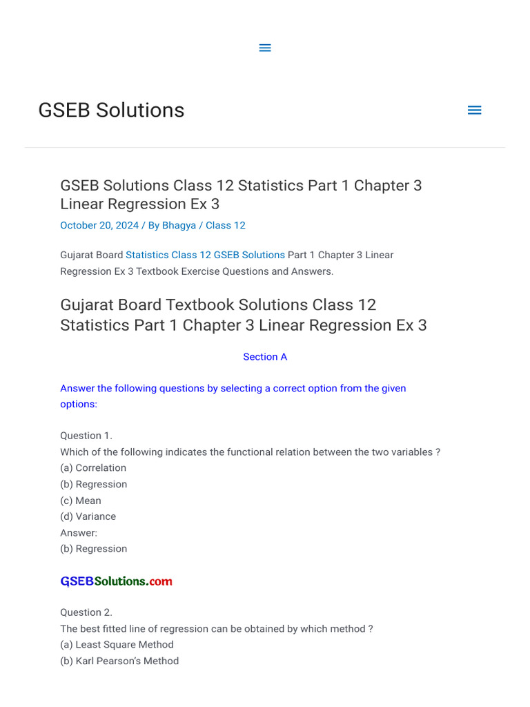 GSEB Solutions Class 12 Statistics Part 1 Chapter 3 Linear Regre | PDF | Linear Regression ...