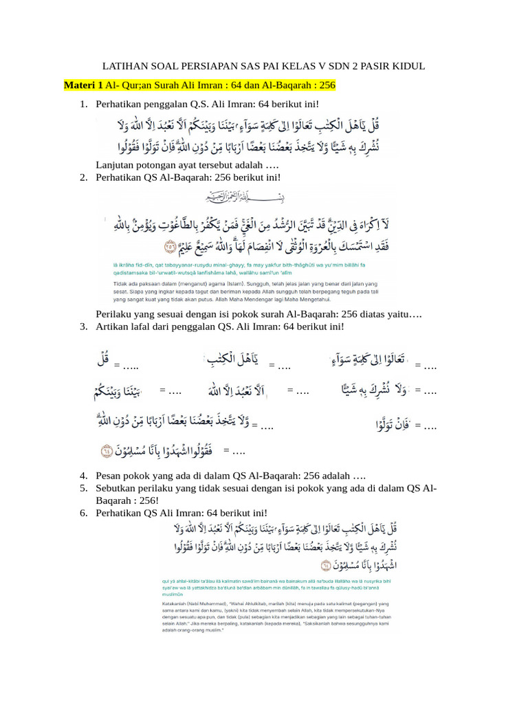 Latihan Soal Persiapan Sas Pai Kelas v Sdn 2 Pasir Kidul | PDF