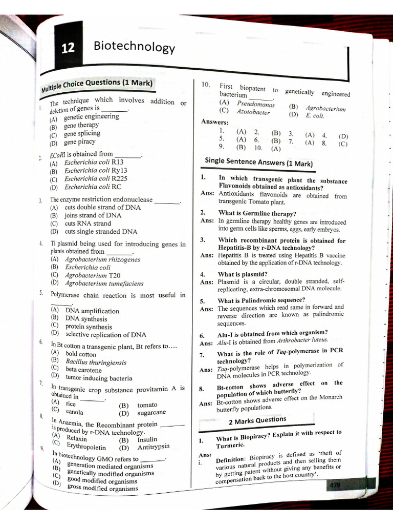 Bio 12th Que Bank With Soln CHP 12 Biotechnology | PDF