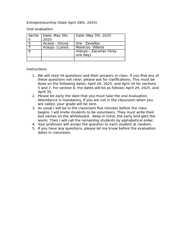 Instructions Oral Evaluation | PDF
