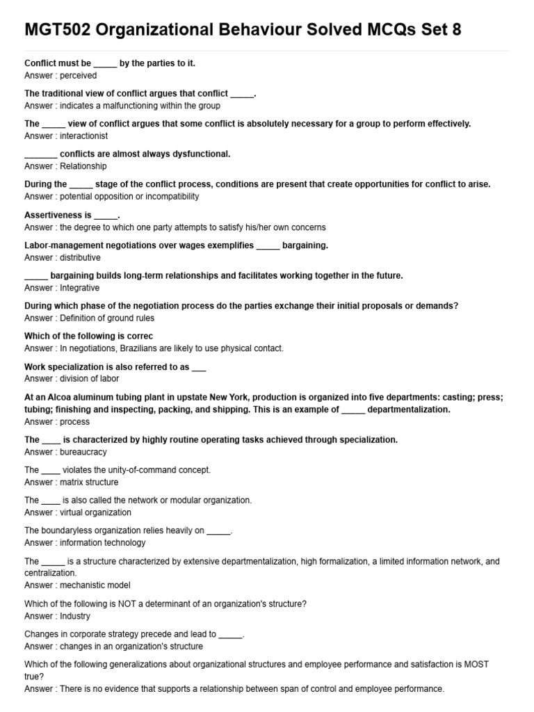 MGT502 Organizational Behaviour Solved MCQs Set 8 | PDF | Motivational | Motivation