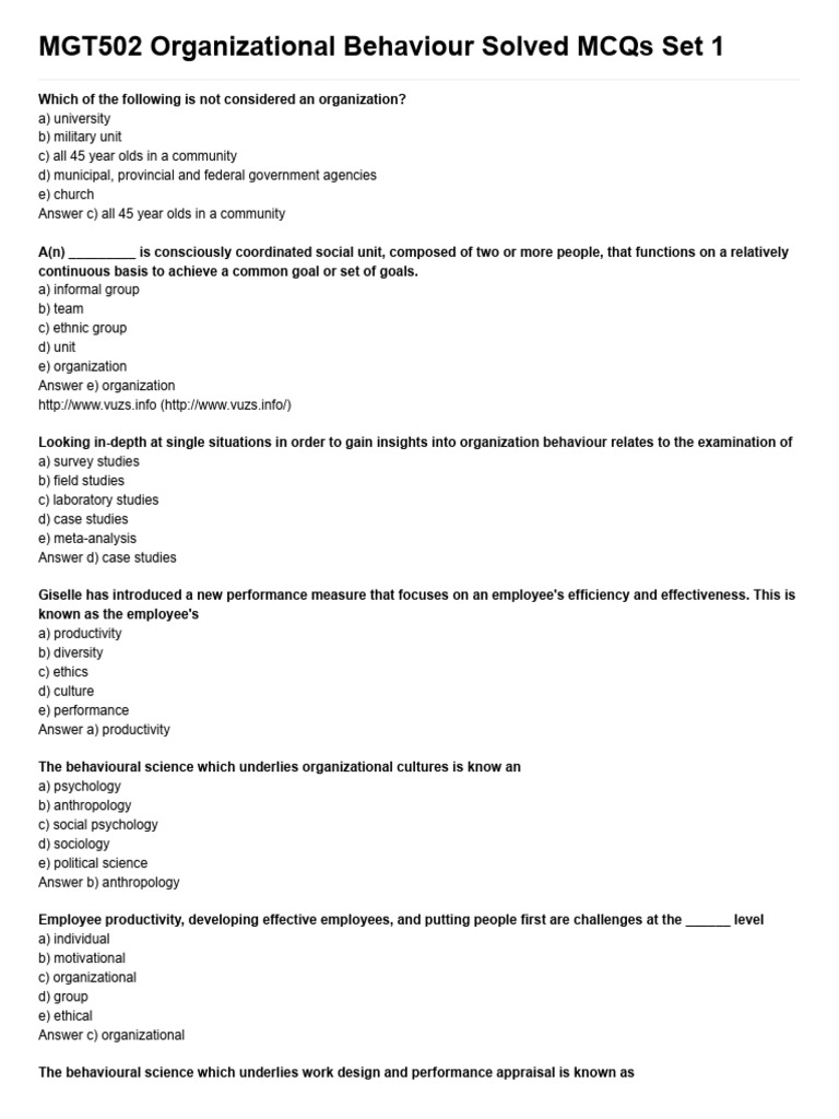MGT502 Organizational Behaviour Solved MCQs Set 1 | PDF | Organizational Behavior | Self ...