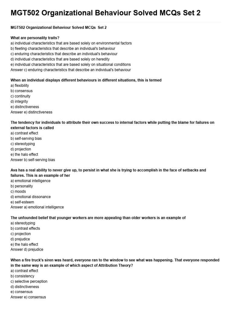 MGT502 Organizational Behaviour Solved MCQs Set 2 | PDF | Incentive | Employment