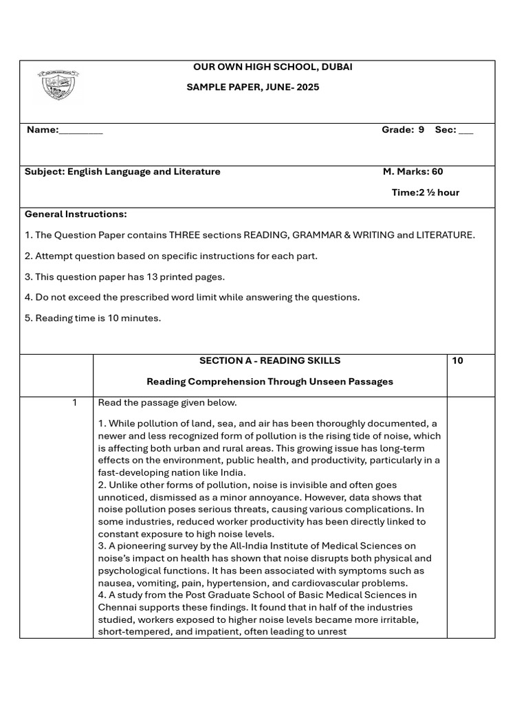 English Sample Paper-Term 1 Grade 9 - 2025 | PDF | Noise | Pollution