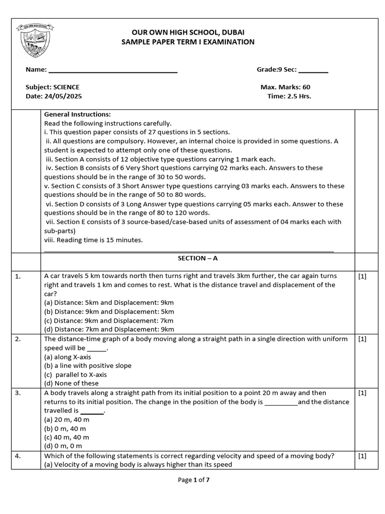 Science Sample Question Paper - Grade 9 TERM1 EXAMINATION - 2025 | PDF ...
