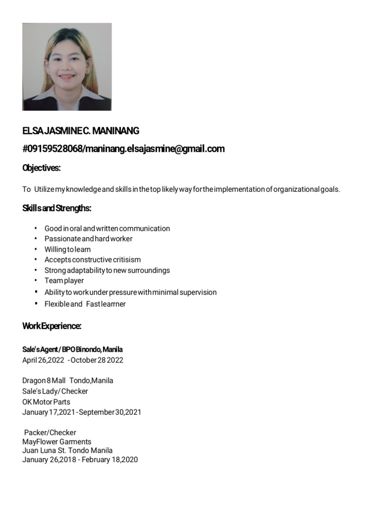Resume of Elsa Jasmine C. Maninang | PDF
