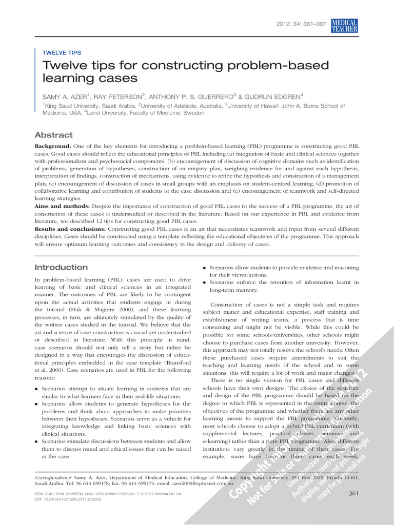 Twelve Tips For Constructing Problem-Based Learning Cases | PDF | Cognition | Cognitive Science