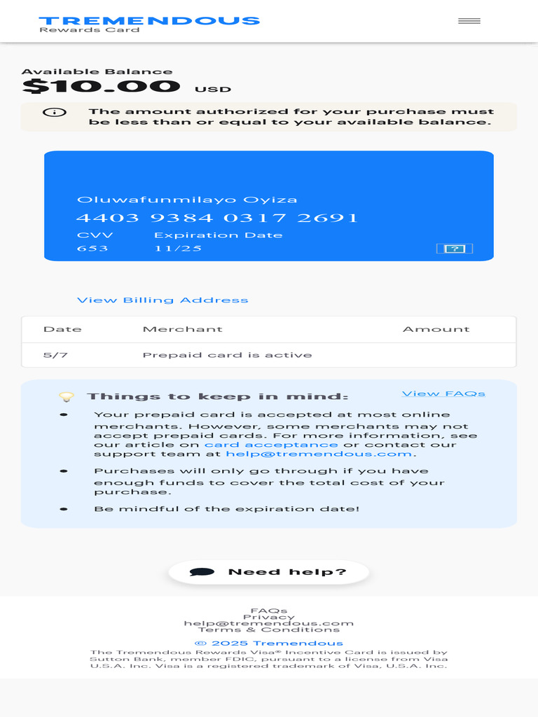 Tremendous Rewards Card Balance Info | PDF