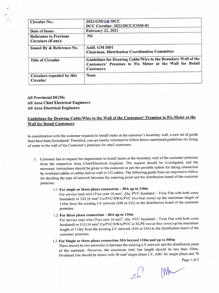 DCC Circular 2021 DCC COM 1 Fixing of Meter To Customers Wall 1 | PDF