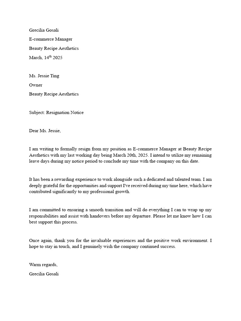 Grecilia Gosali - Resignation Letter | PDF