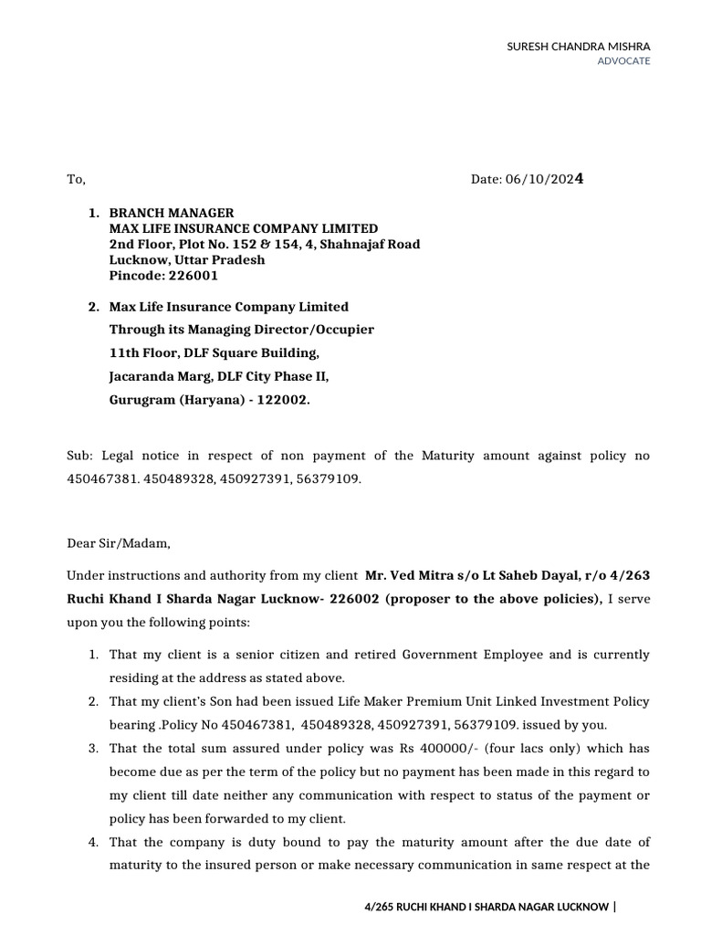 Legal Notice Ved Mita Insurance | PDF | Life Insurance | Insurance