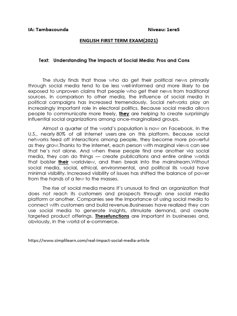 Compo 1er Semestre 2021 Ang 1ere S | PDF | Social Media | Popular Culture & Media Studies