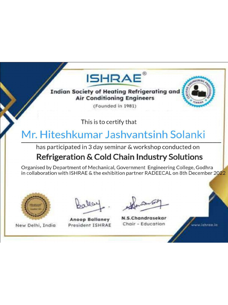 Ref. & Cold Chain Ind. Solution Web. & Workshop Certificate | PDF