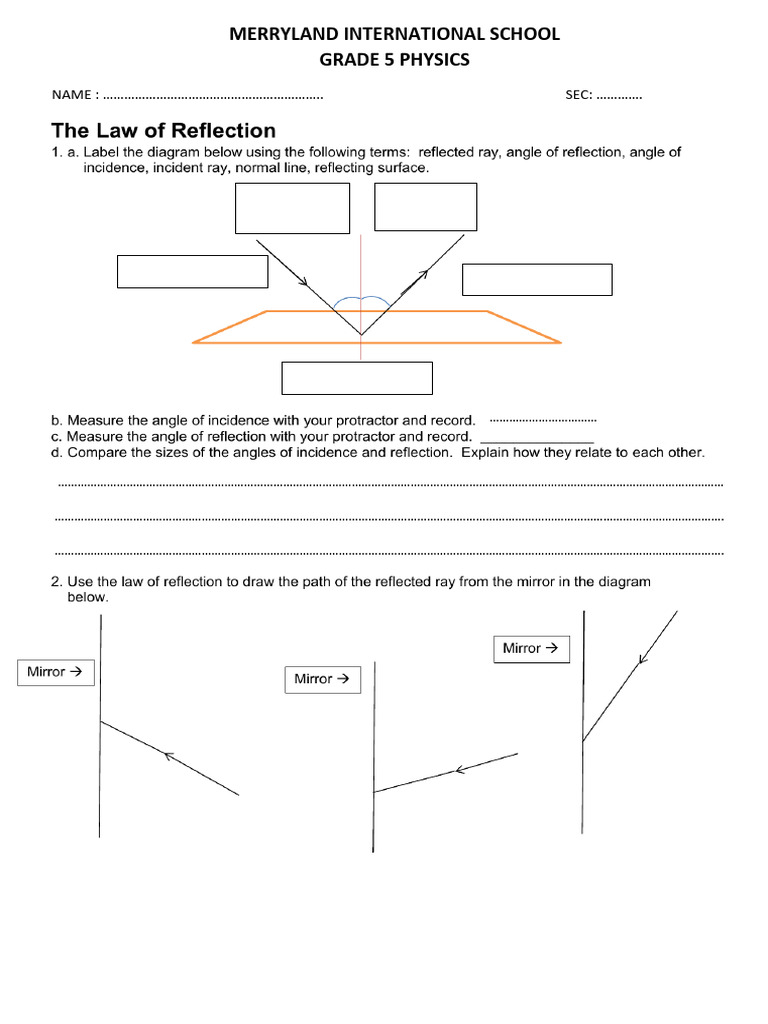 Physics Law of Reflection Worksheet | PDF
