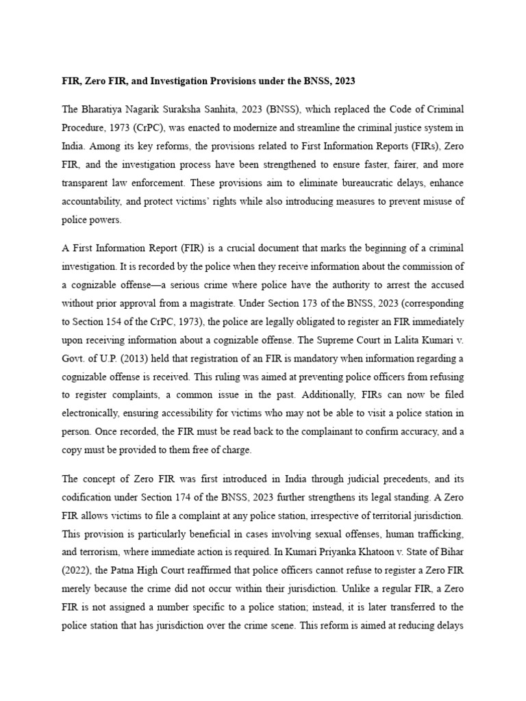 FIR, Zero FIR, Investigation Provision. Aastha Pilania 4037 | PDF ...