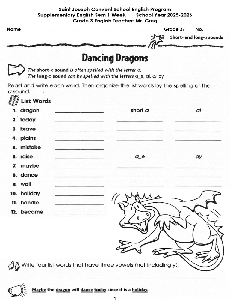 Lesson 1 Dancing Dragons (A Sounds) WRKSHT SY2025-26 | PDF