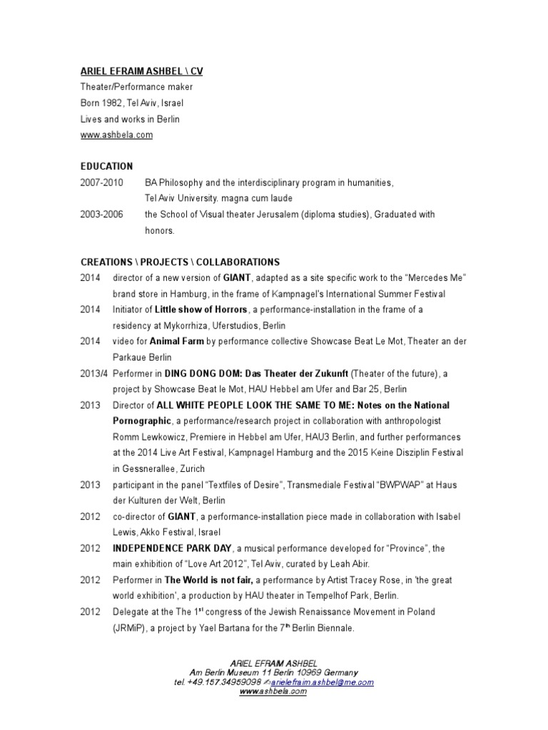 Ariel Efraim Ashbel: CV Highlights | PDF | Entertainment | Performing Arts
