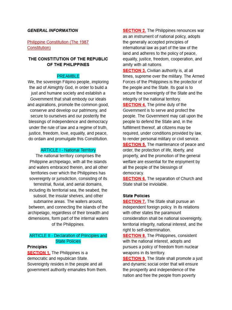 1987 Philippine Constitution Overview | PDF | United States House Of ...