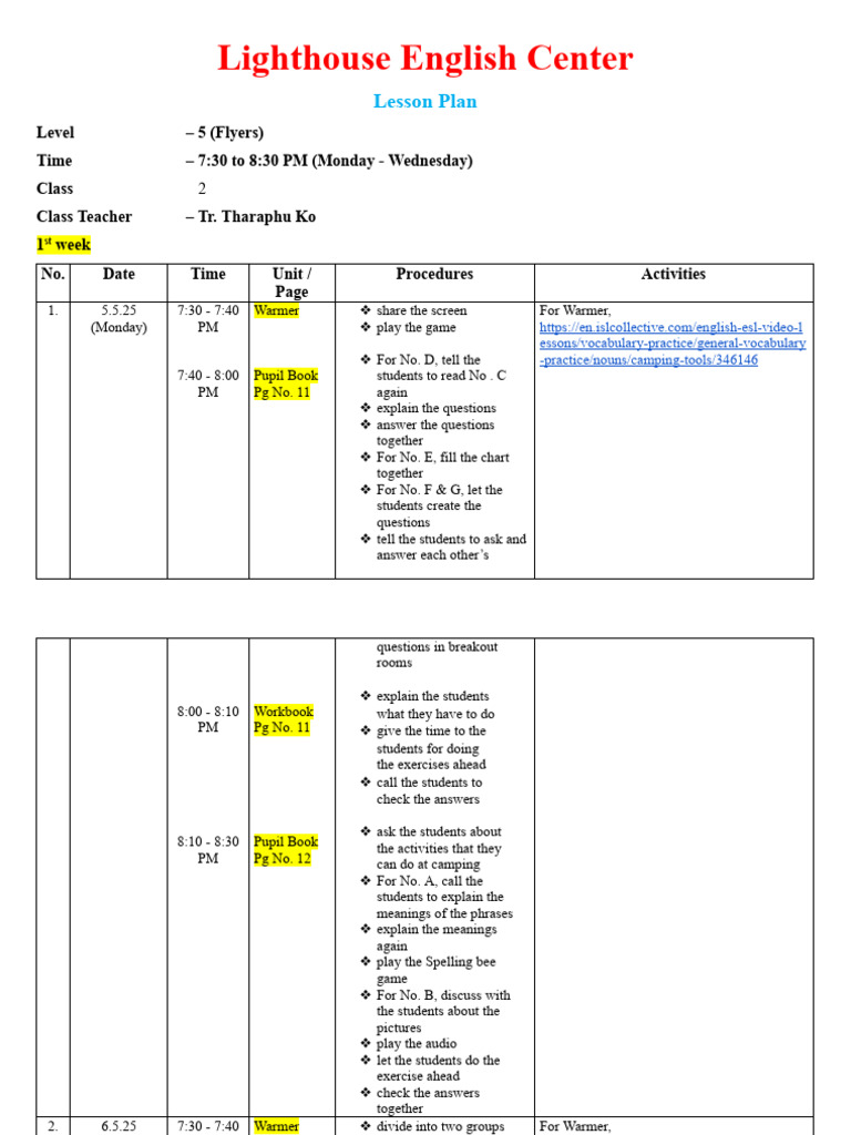 Lesson Plan for Flyers Level 5 Classes | PDF | Linguistics | Grammar