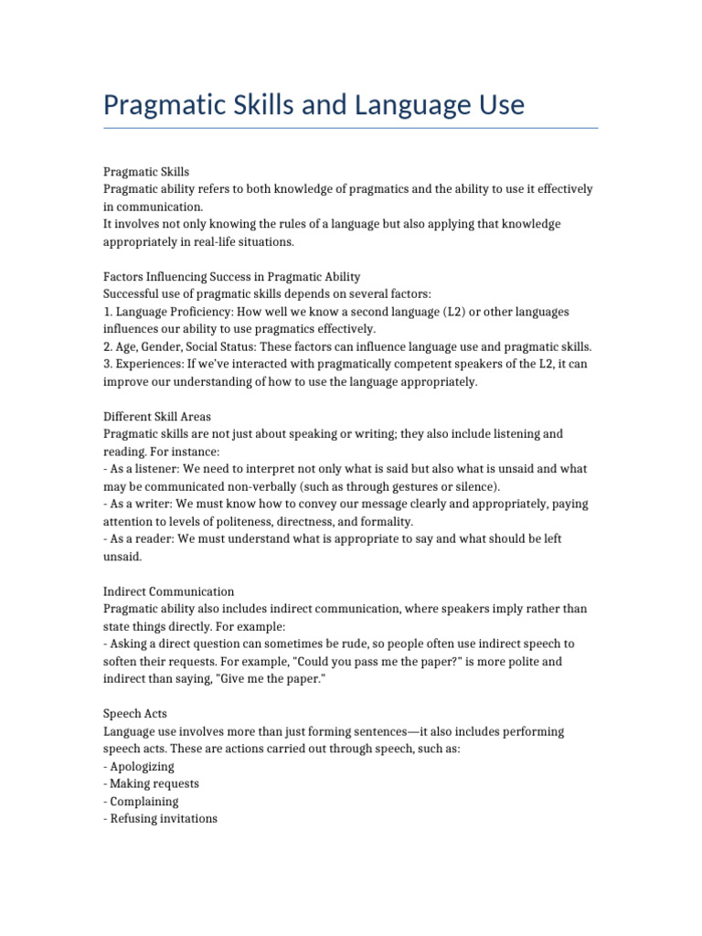 Pragmatic Skills and Language Use | PDF | Communication | Speech