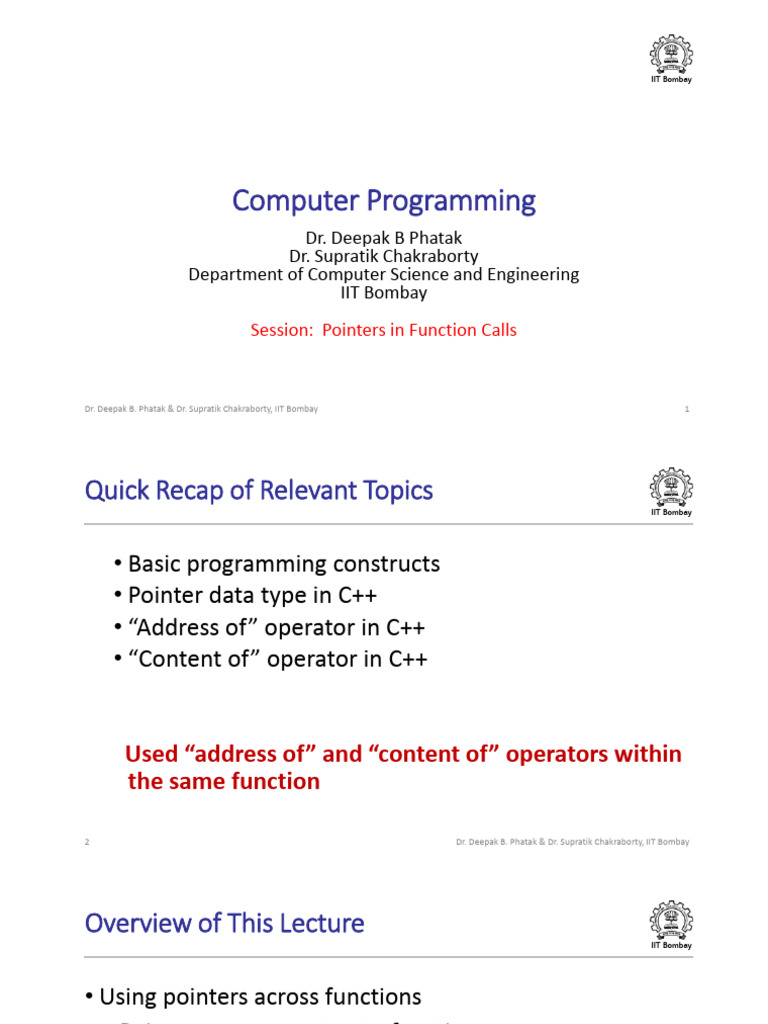 CS101x S432 Pointers in Function Calls IIT Bombay | PDF | Pointer (Computer Programming ...