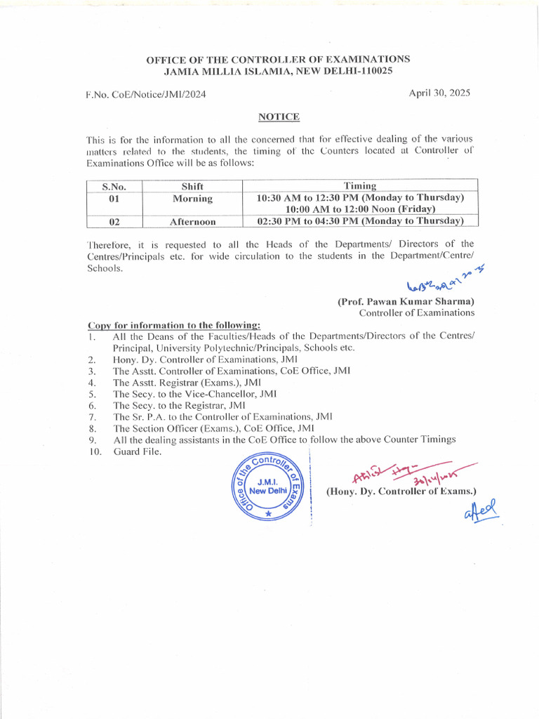 Notice For Timing of Counter of Examination Office | PDF