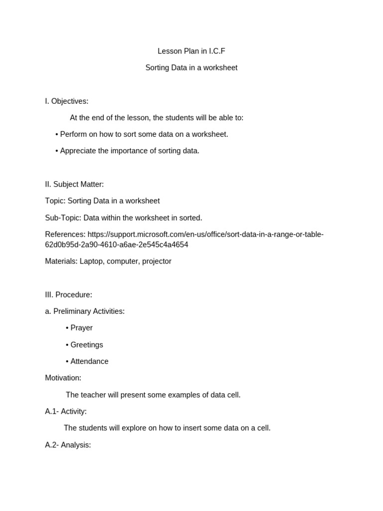 Lesson Plan in ICF Sorting | PDF