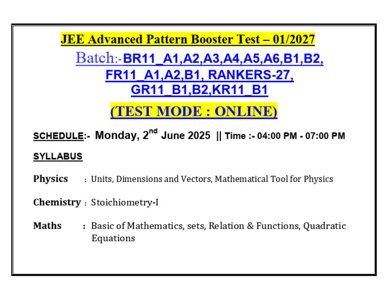 JEE Adv. Pattern Booster Test-1 - JEE 2027 - 02.06.2025 | PDF