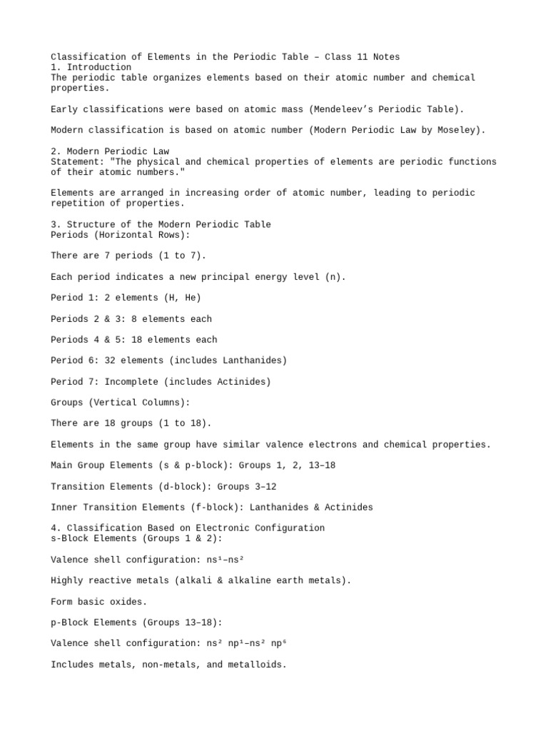 Notes - Classification of Elements | PDF | Periodic Table | Transition ...
